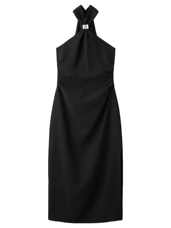 Mango Pleated Mock Neck Midi Dress - Black