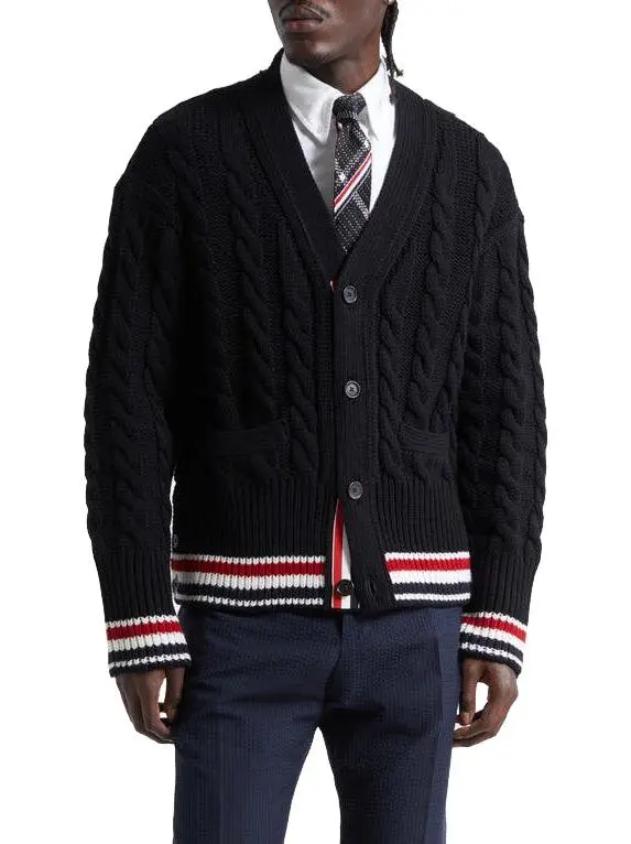 Thom Browne Rwb Cable Knit Wool Cardigan - Black