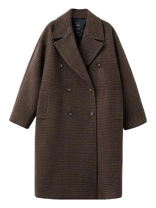 Mango Houndstooth Wool Blend Double Breasted Coat - Brown