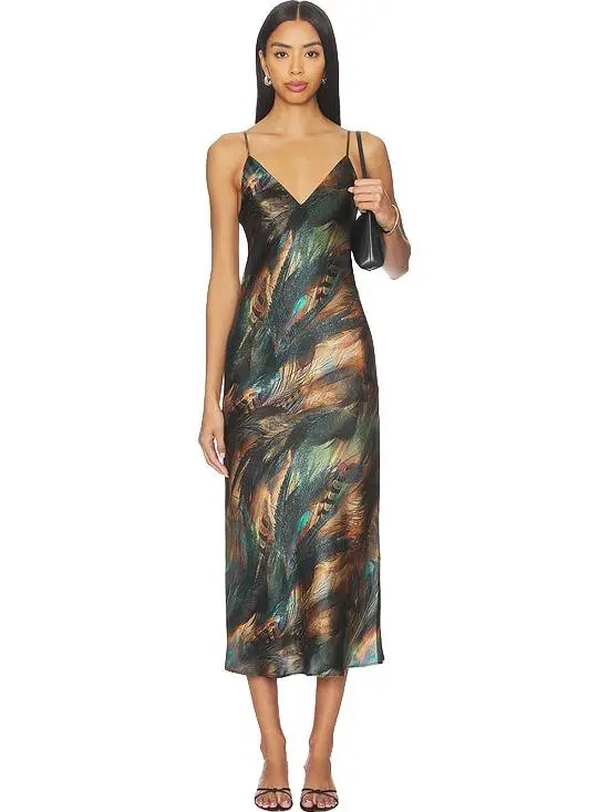 L'Agence Seridie Midi Slip Dress - Teal Malt Mix Feather
