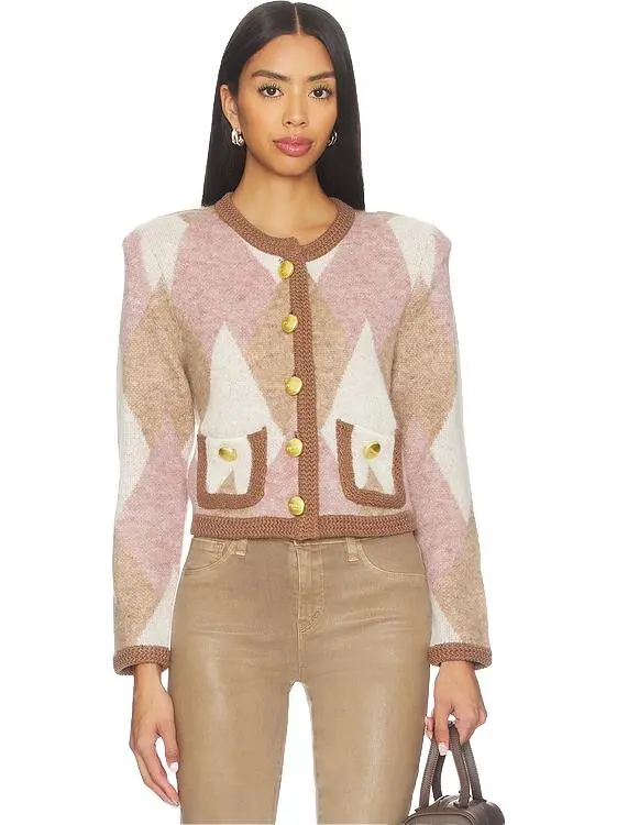 L'Agence Siobhan Fuzzy Argyle Cardigan - Natural & Mauve Multi Argyle