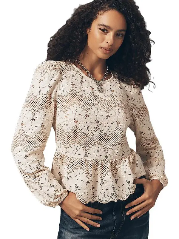 DOLAN LEFT COAST Peplum Lace Blouse - Ivory Pattern