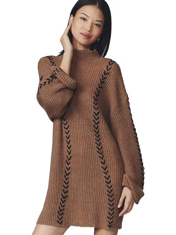 RENN Long-sleeve Stitched Sweater Dress - Chestnut