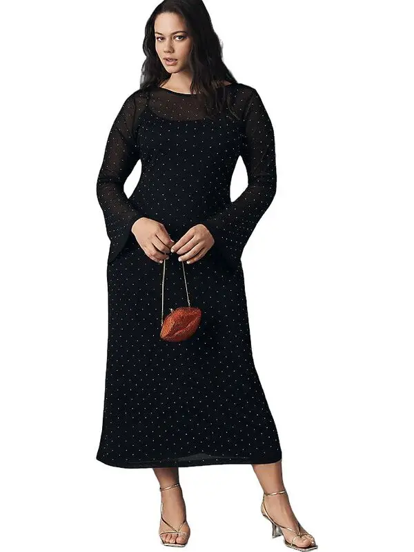 NEVER FULLY DRESSED Long-sleeve Mesh Midi Dress - Black