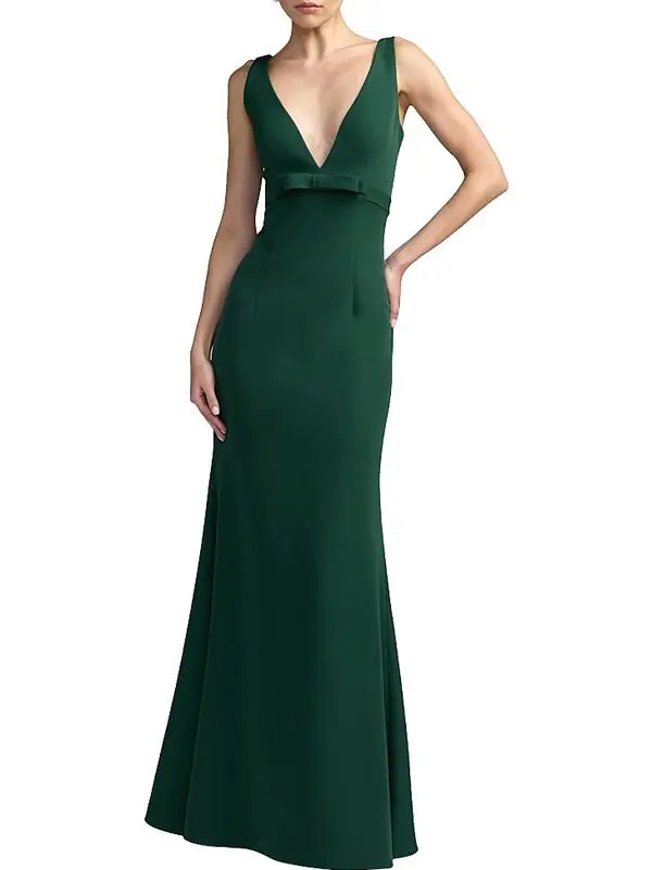 Mac Duggal Sleeveless V-neck Mermaid Gown With Bow Accent - Emerald