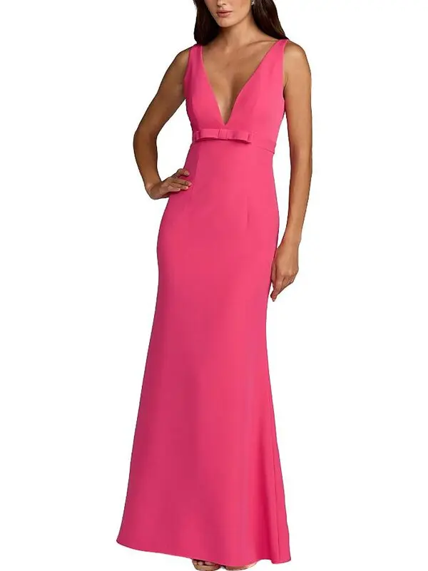 Mac Duggal Crepe Sleeveless V Neck Mermaid Gown With Bow - Hot Pink