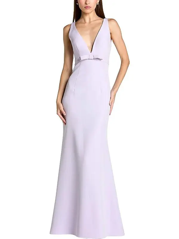 Mac Duggal Crepe Sleeveless V Neck Mermaid Gown With Bow - Lilac