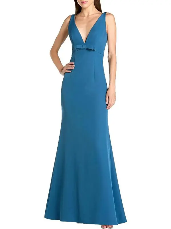 Mac Duggal Crepe Sleeveless V Neck Mermaid Gown With Bow - Ocean