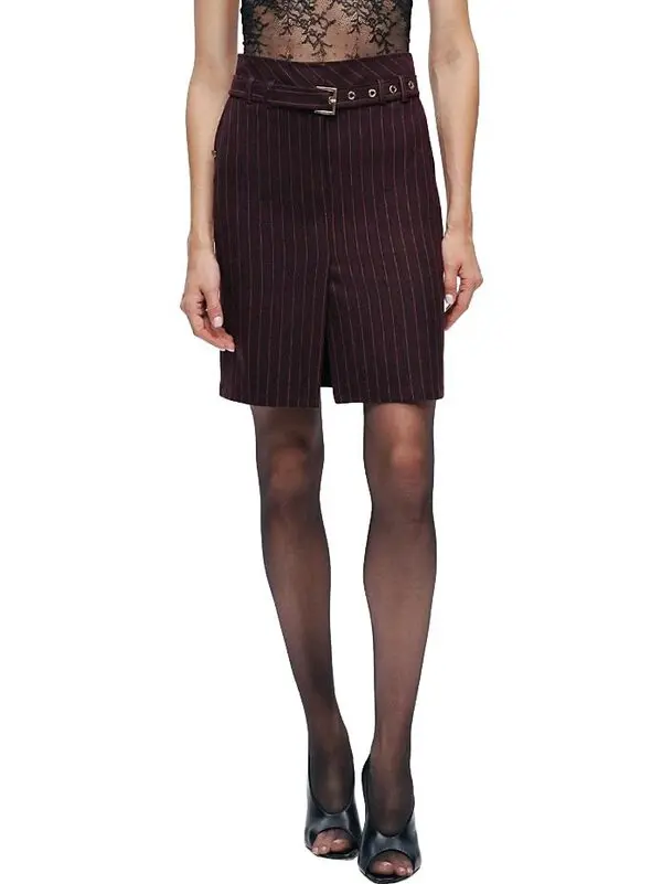 NOCTURNE Pinstriped Belted Pencil Skirt - Burgundy