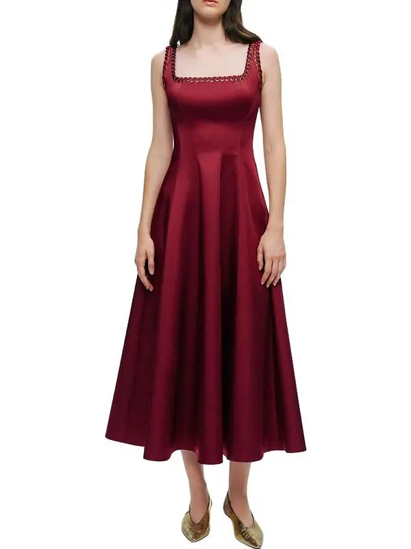 NOCTURNE Embellished Square Neck Midi Dress - Burgundy