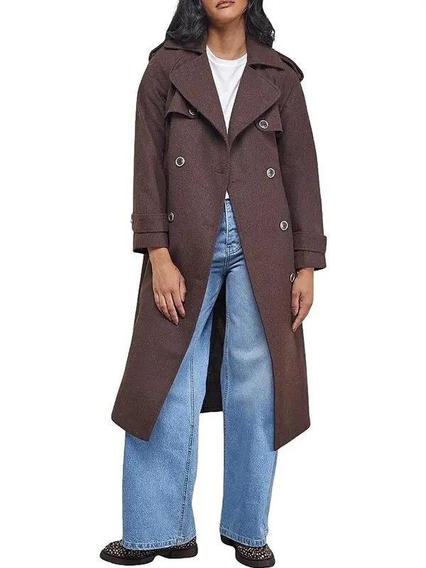 WAREHOUSE Wool Mix Belted Trench Coat - Chocolate