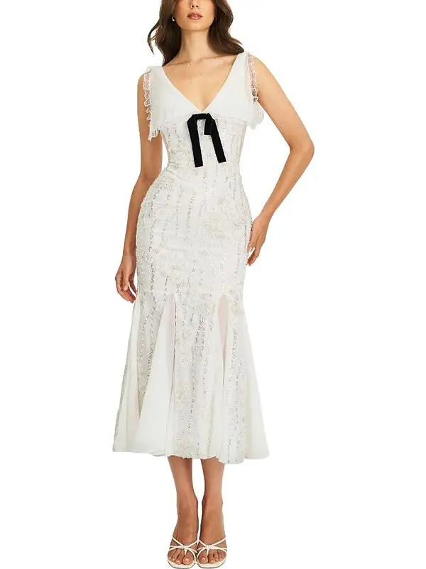 MISS CIRCLE Beaded Sequin Mermaid Midi Dress With Peter Pan Collar - White