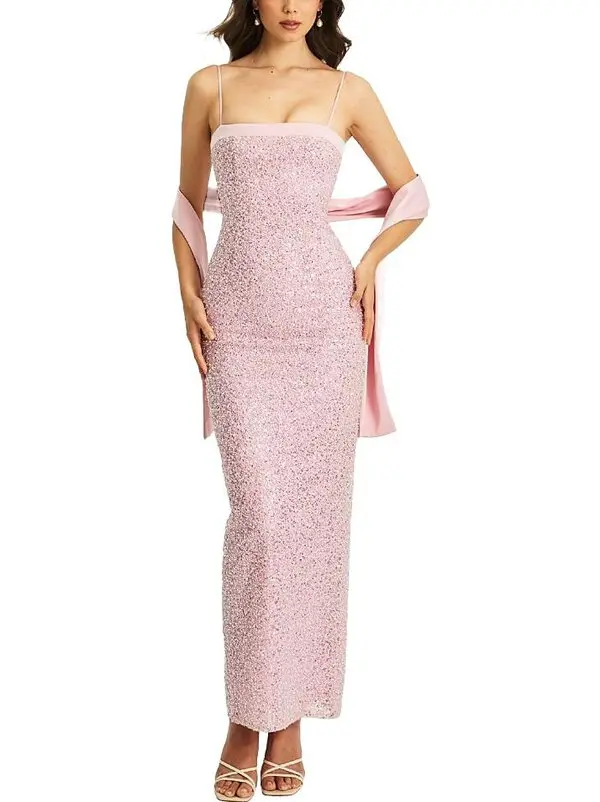 MISS CIRCLE Raizel Beaded Sequin Gown With Scarf - Pink