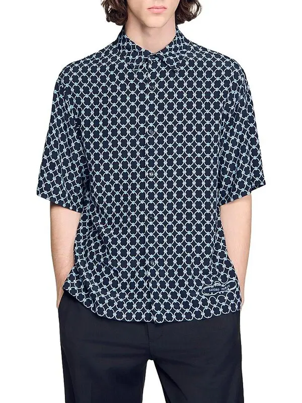 Sandro Link Print Loose Fit Shirt - Navy Blue