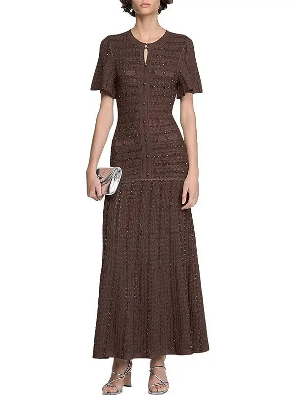 Sandro Rhinestone Knit Maxi Dress - Brown