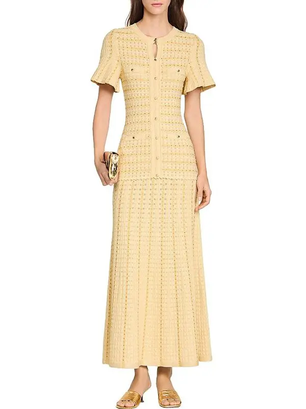 Sandro Rhinestone Knit Maxi Dress - Gold