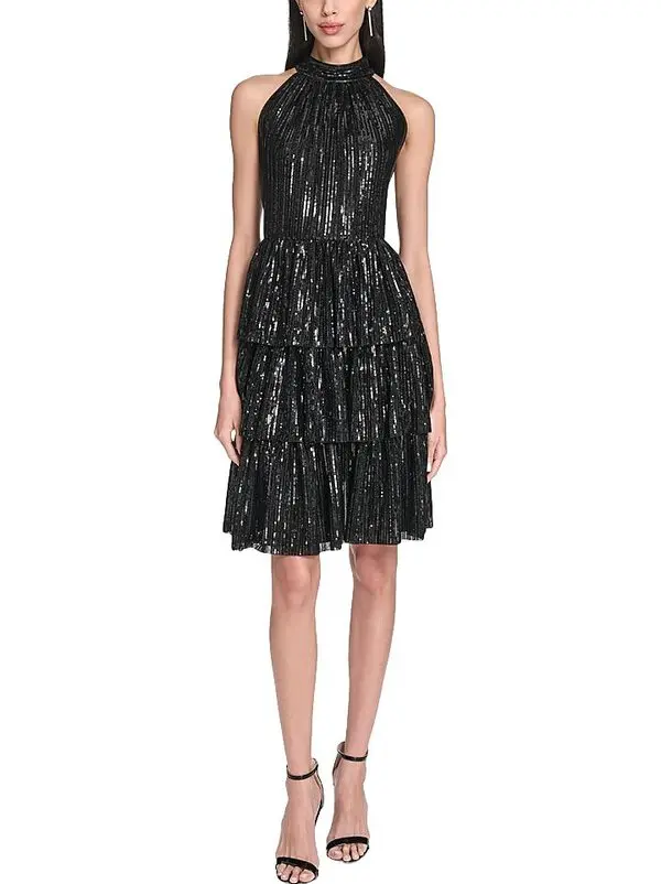 Eliza J Mock Neck Tiered Skirt Cocktail Dress - Black