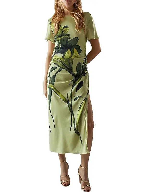WAREHOUSE Placement Print Crinkle Midi Satin Dress - Lime Yellow