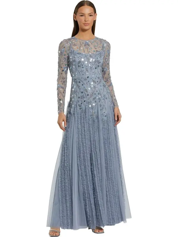 Mac Duggal Embellished Long-sleeve A-line Gown - Slate Blue