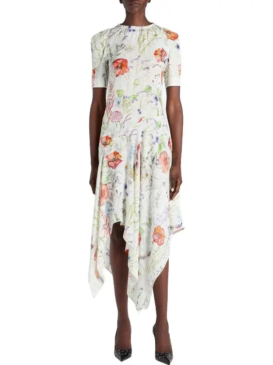 Alexander McQueen Floral Print Asymmetric Crepe Dress - White