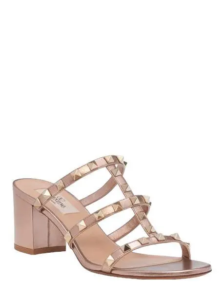 Valentino Garavani Rockstud Metallic Leather Slide Sandal - Rose