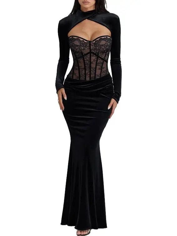 House Of Cb Ayana Strapless Lace & Velvet Mermaid Gown & Bolero Set - Black