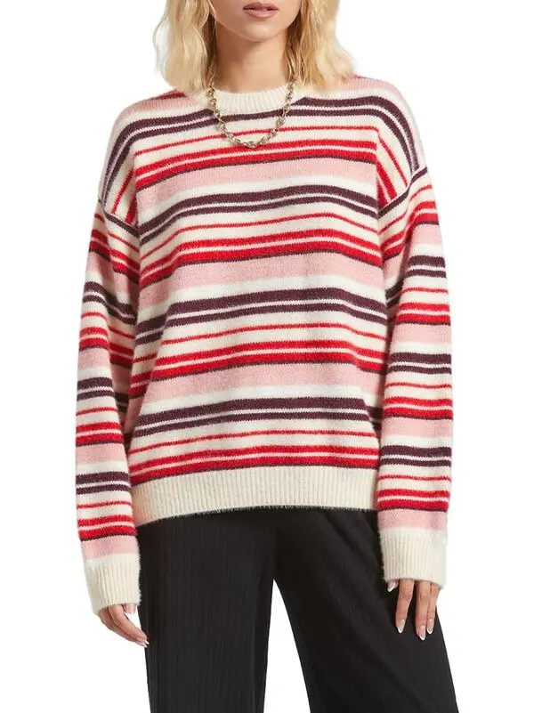 Brixton Striped Crewneck Sweater - Pink/red Multi Stripe
