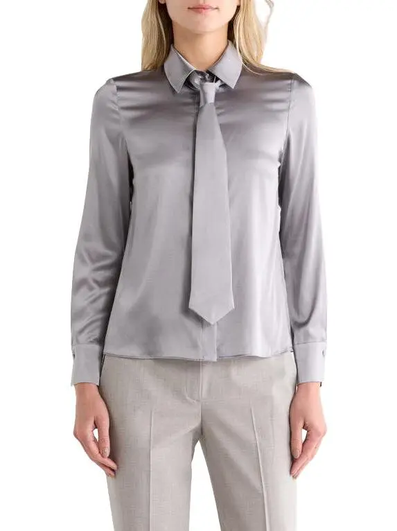 Alice + Olivia Slim Fit Stretch Silk Button-up Shirt With Tie - Storm Grey