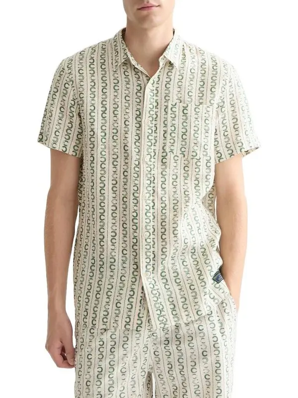 Scotch & Soda Horseshoe Print Short Sleeve Linen Button-up Shirt - Horseshoe Stripe Egg
