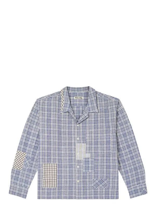 STORY MFG. Greetings Camp-collar Patchwork Checked Organic Cotton Shirt - Blue