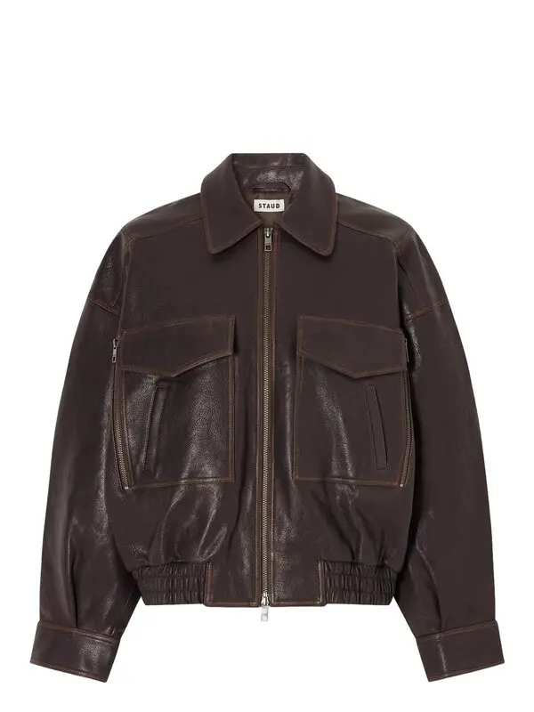 Staud Eugene Oversized Textured-leather Bomber Jacket - Brown