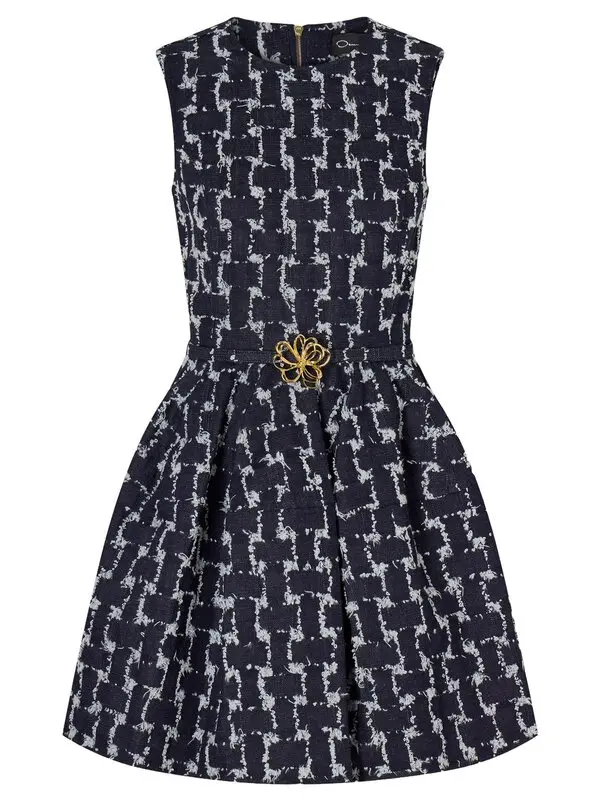 Oscar De La Renta Belted Frayed Checked Denim Mini Dress - Blue