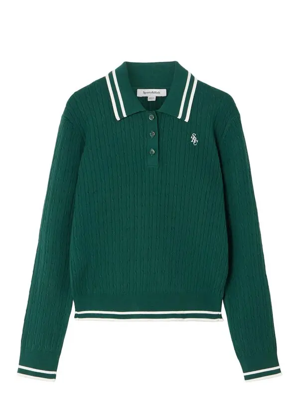 SPORTY & RICH Embroidered Cable-knit Polo Shirt - Green