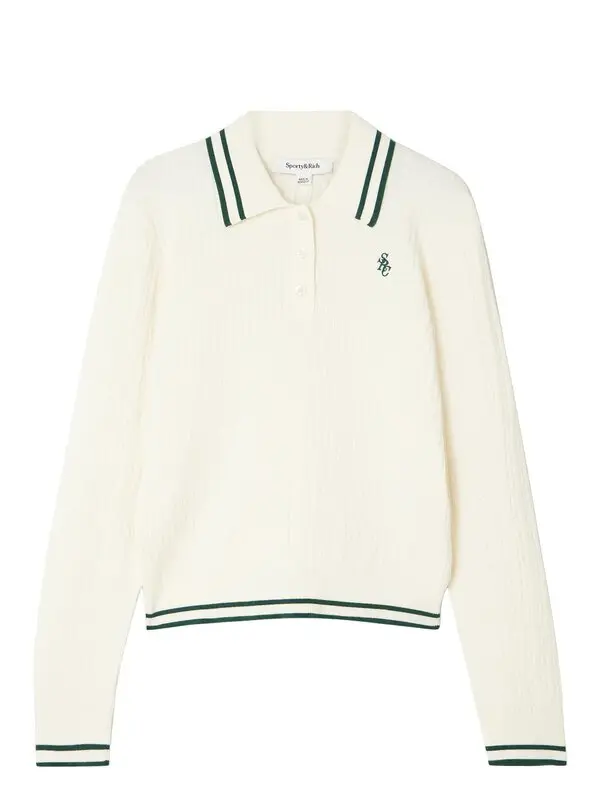 SPORTY & RICH Embroidered Striped Cable-knit Polo Sweater - White