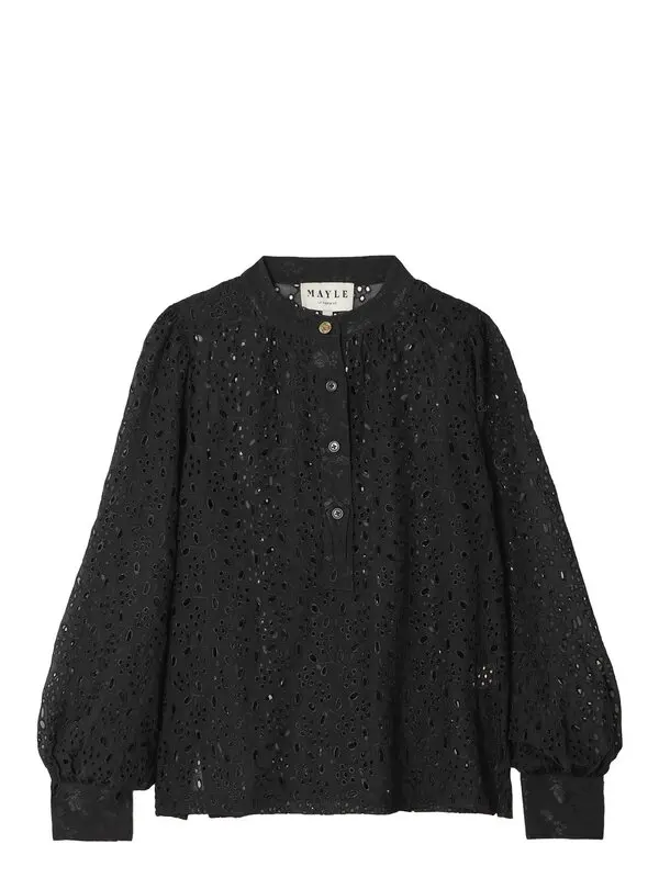 Maison Mayle Lady Papa Broderie Anglaise Silk Blouse - Black