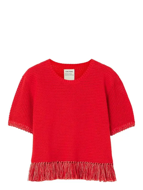 Escvdo Amada Cropped Fringed Crocheted Cotton Top - Red