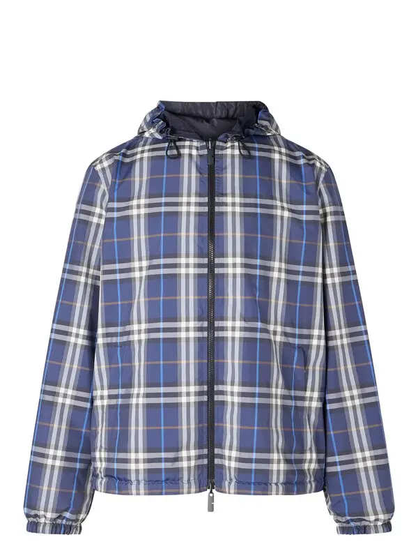 Burberry Hooded Checked Shell Jacket - Navy