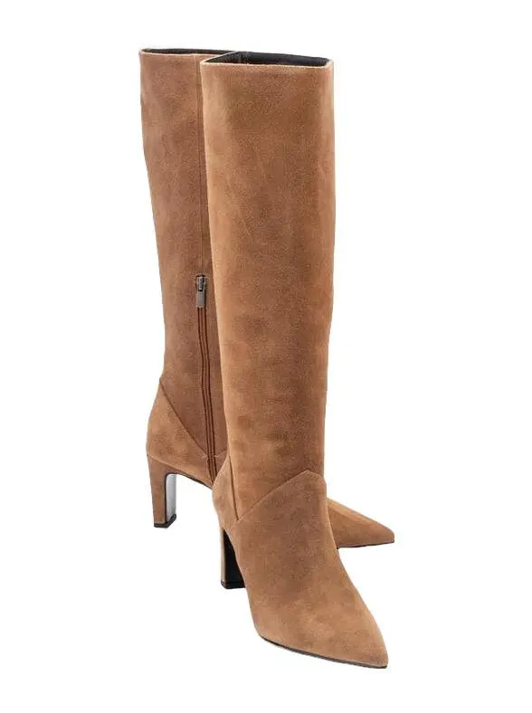FOREVER & ALWAYS SHOES Merla Leather Block Heel Boots - Cognac Suede