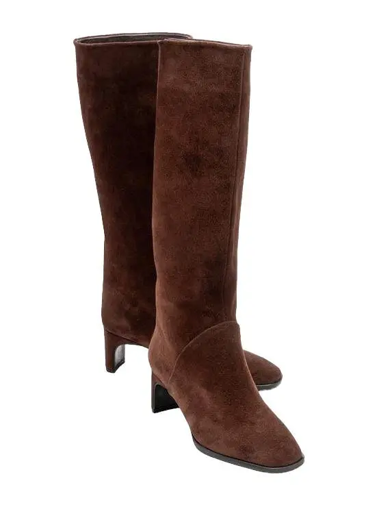 FOREVER & ALWAYS SHOES Leather Block Heel Knee High Boots - Brown Suede