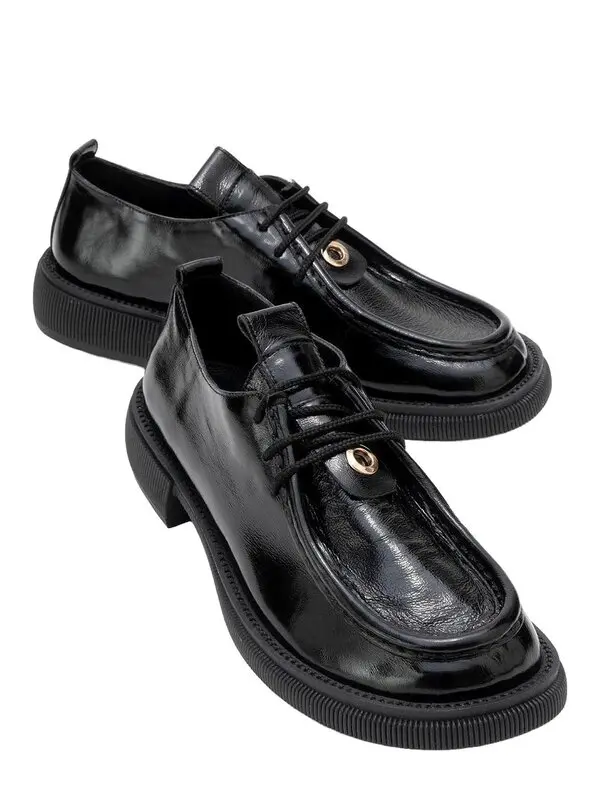 FOREVER & ALWAYS SHOES Band Leather Lace-up Loafer - Black Patent