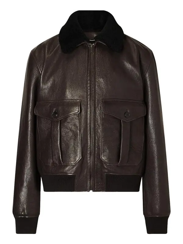 Saint Laurent Shearling-trimmed Full-grain Leather Jacket - Brown