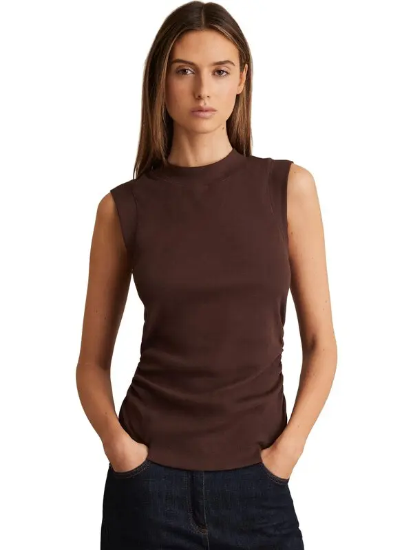 REISS Ribbed Ruched Waist Vest - Chocolate