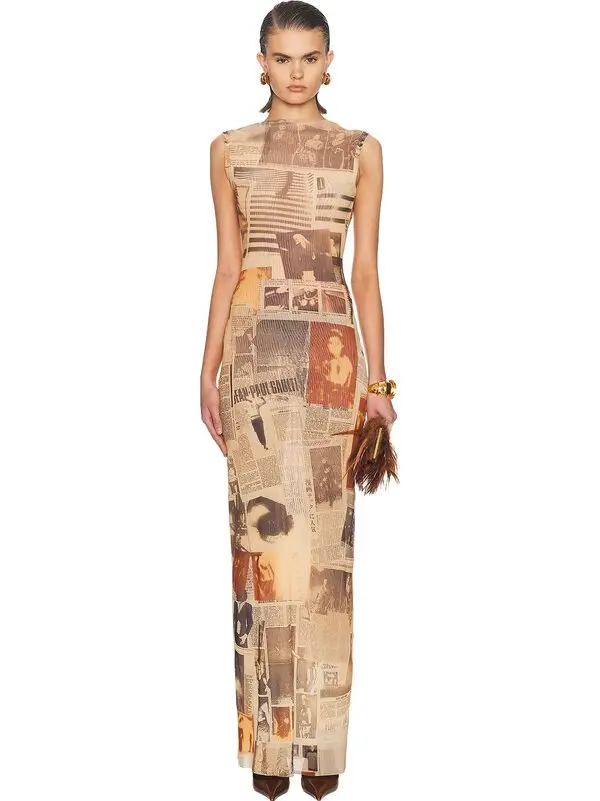 Jean Paul Gaultier Mesh High Neck Printed Journal Long Dress - Ecru  Light Grey  & Red
