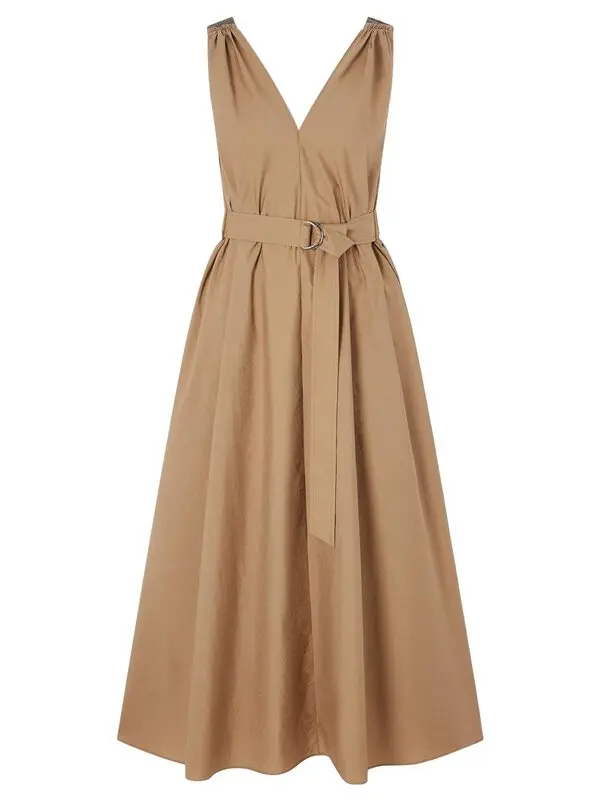 Brunello Cucinelli Belted Cotton-blend Poplin Midi Dress - Brown