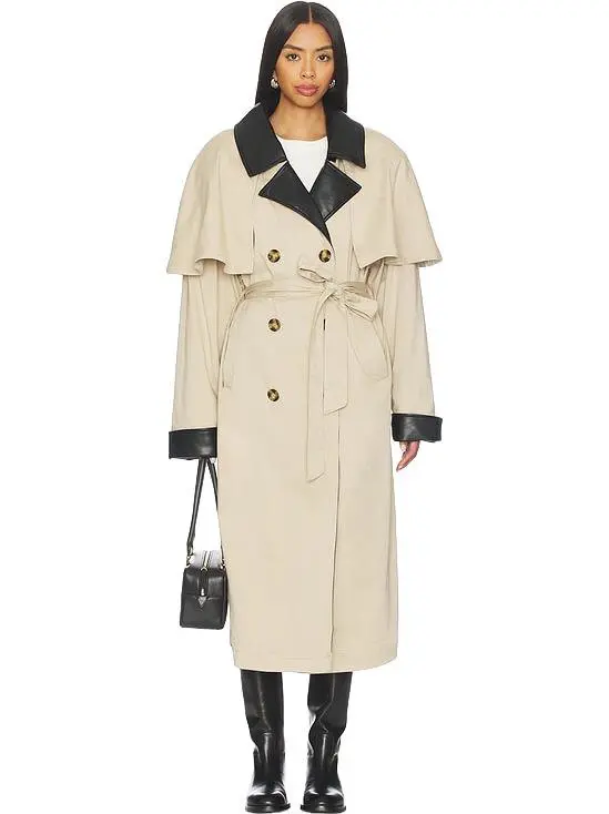 WeWoreWhat Vegan Leather Trim Trench Coat - Taupe & Dark Brown