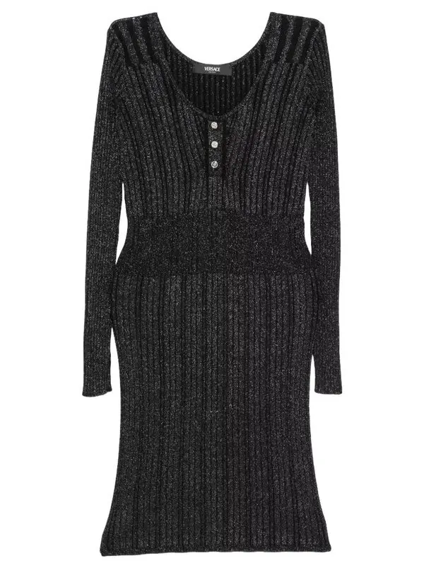 Versace Ribbed Knit Midi Dress With Medusa Buttons - Black