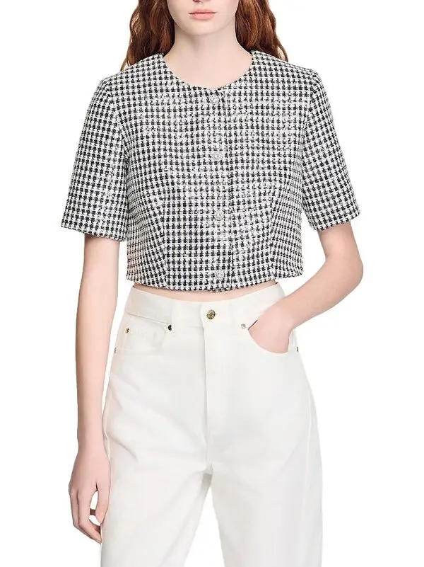Sandro Cropped Houndstooth Tweed Jacket - Black White