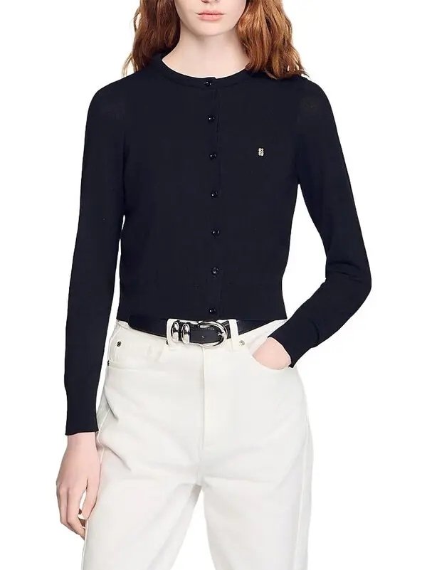 Sandro Round Neck Cropped Cardigan Sweater - Black