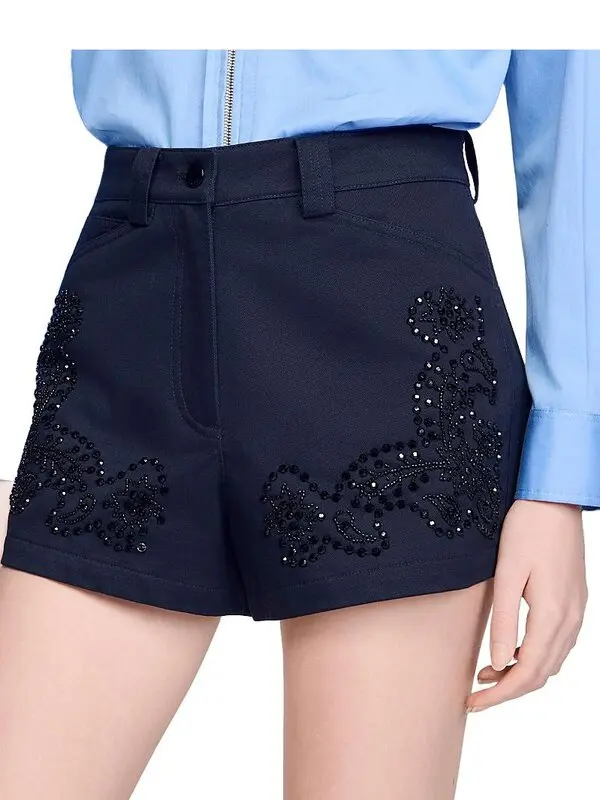 Sandro Embroidered Cotton Shorts - Navy Blue