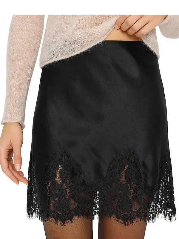 REFORMATION Carolina Silk Mini Skirt With Lace Trim - Black